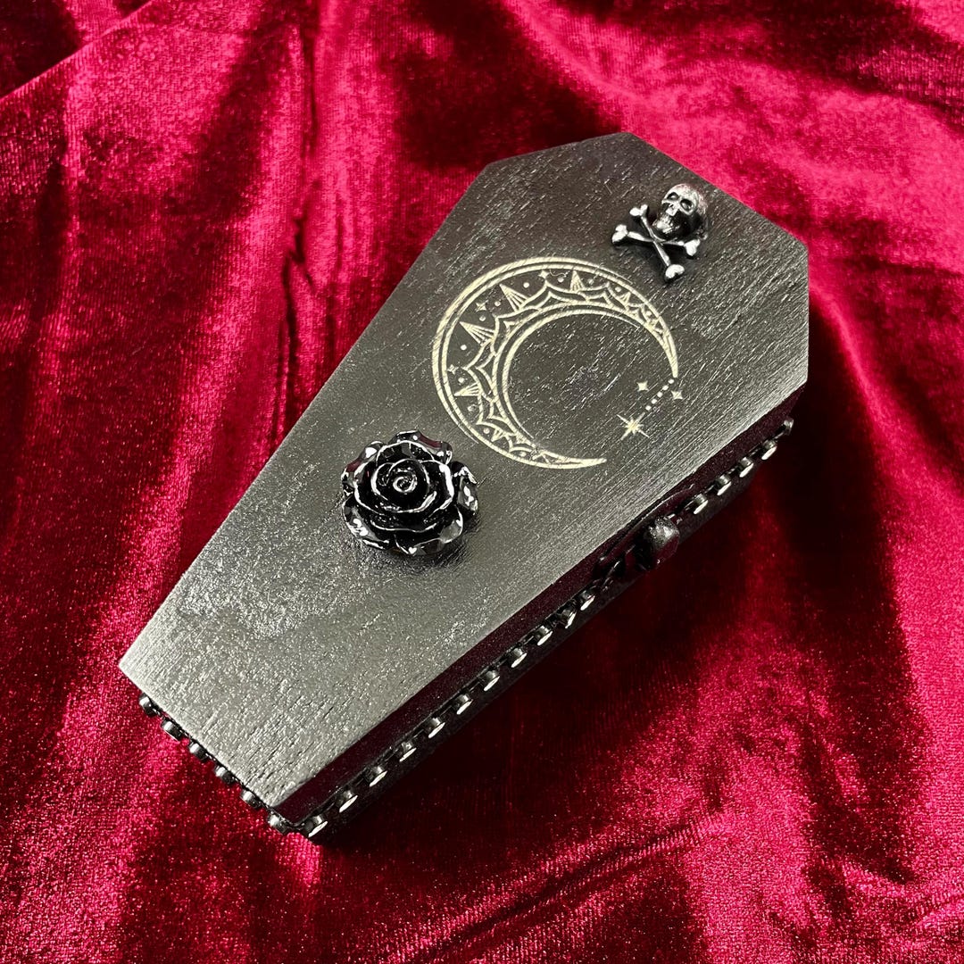 Wood Coffin - Painted Engraved Hinged Trinket Box - Celestial Moon - Etsy
