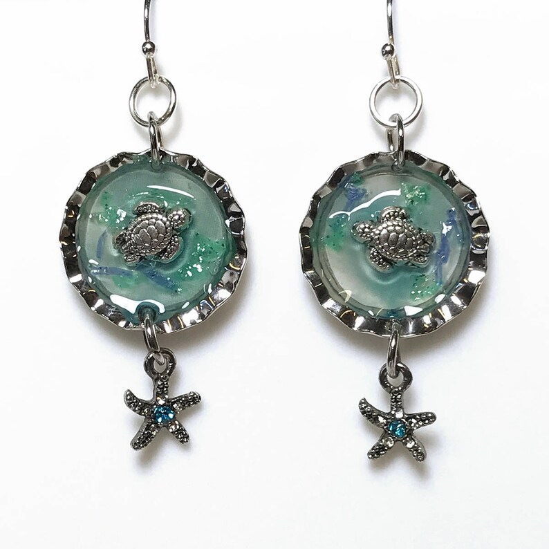 Sea Turtle and Starfish Bottle Cap Earrings Floating Turtle - Etsy