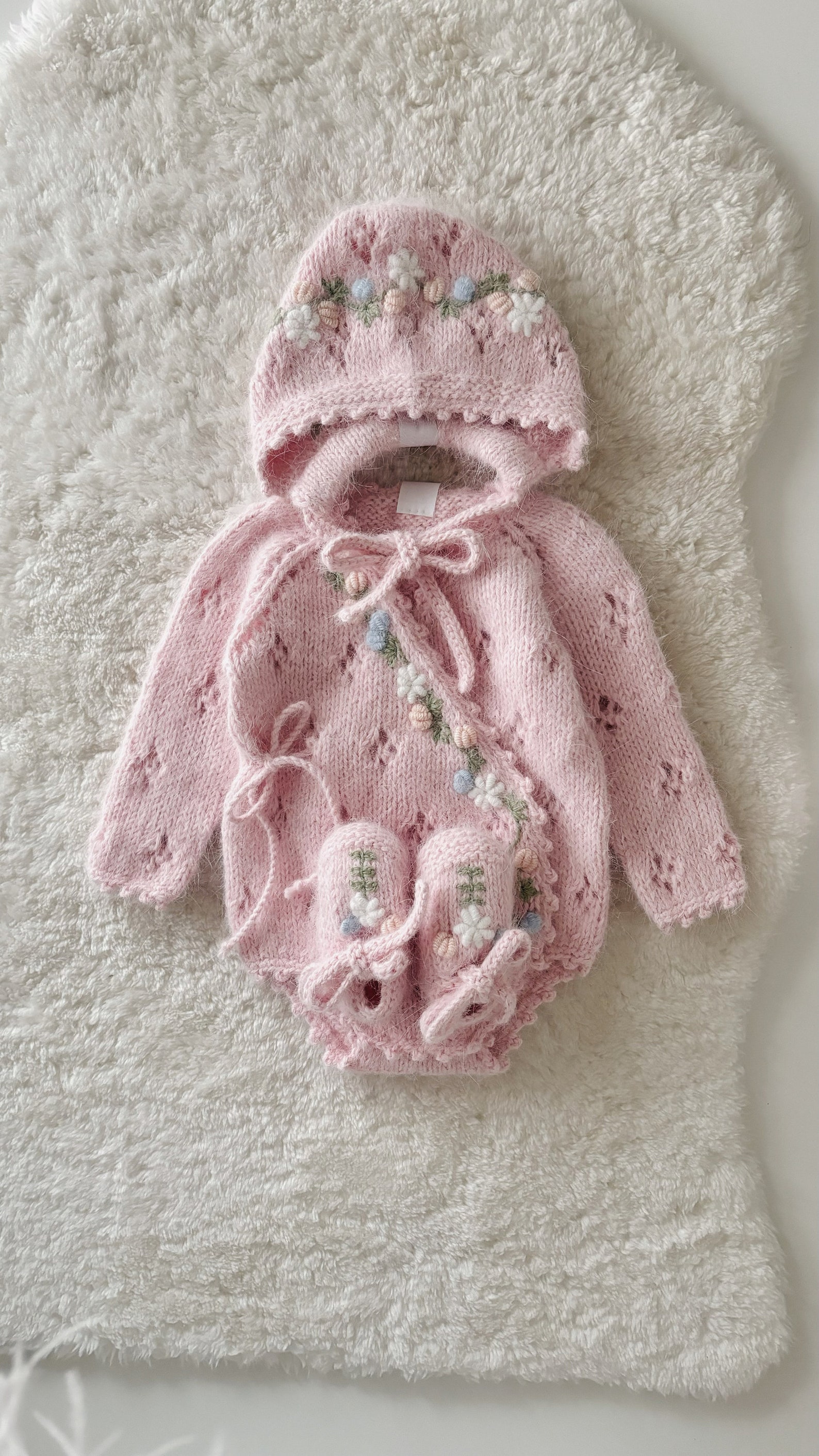 Embroidered Angora Baby Girl Outfit – Romper, Bonnet & Booties Set - Etsy