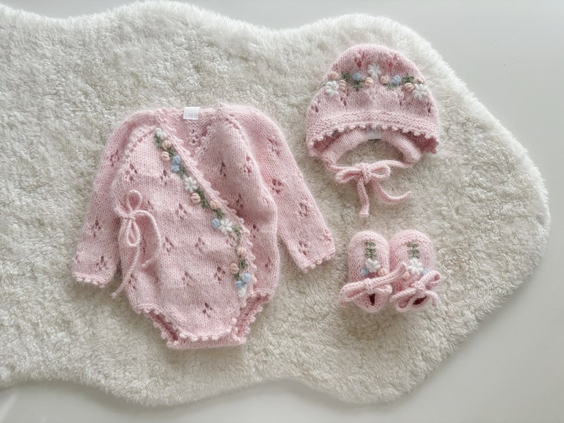 Embroidered Angora Baby Girl Outfit – Romper, Bonnet & Booties Set - Etsy