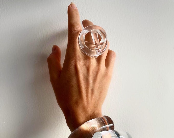 Oversized Silver Raw Clear Crystal Quartz Ring, Large Rough Crystal Quartz Slice Adjustable ...