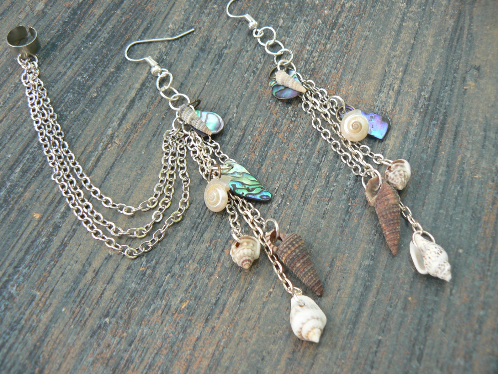 Mermaid Ear Cuff SET Abalone Seashell Chained Ear Cuff SILVER - Etsy