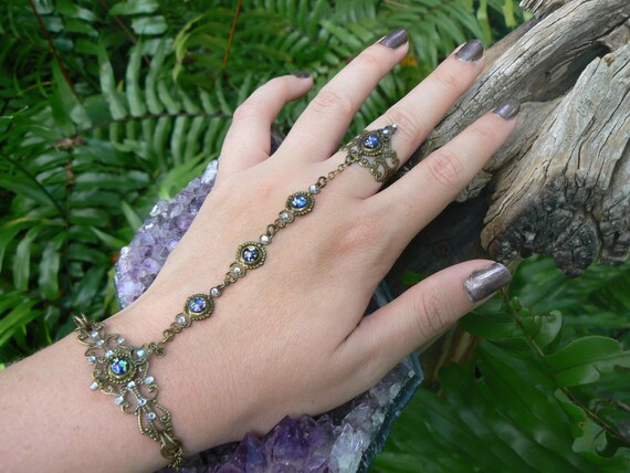 Goth hand chainblack fire opal braceletblack braceletwitch | Etsy