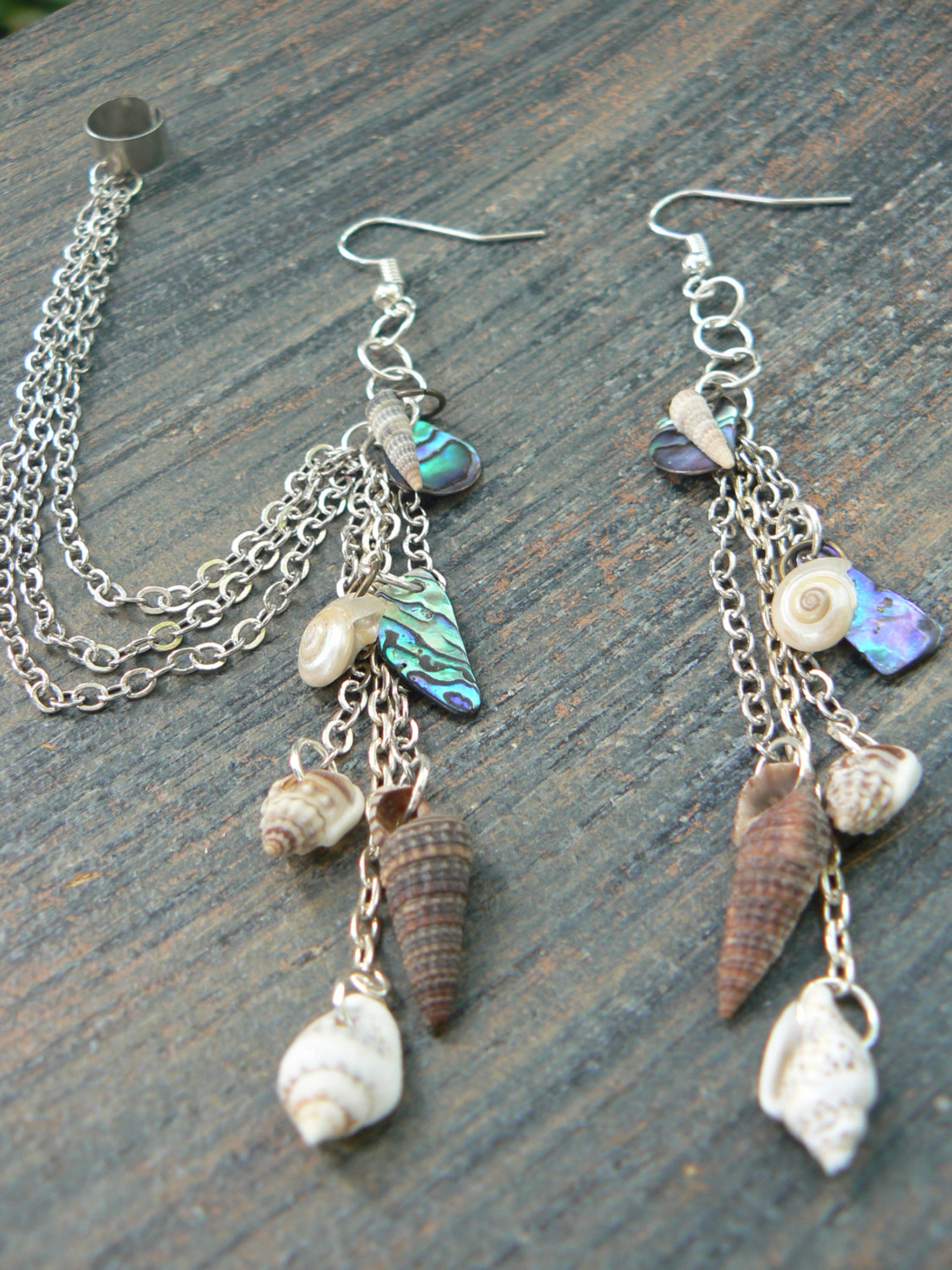 Mermaid Ear Cuff SET Abalone Seashell Chained Ear Cuff SILVER - Etsy