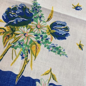 NOS Vintage Tablecloth BLUE ROSES Tulips Pink White Daisies Summer ...