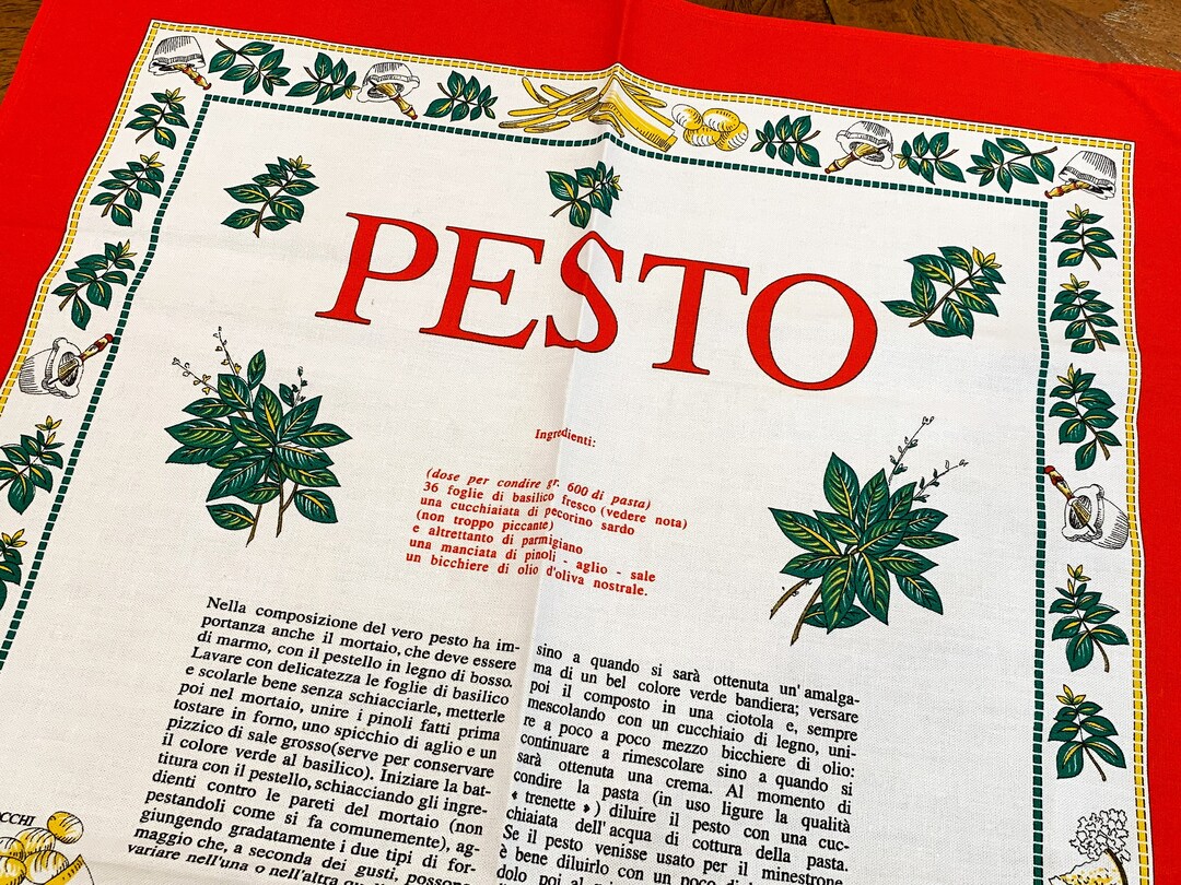 NOS Vintage Tea Towel Italian PESTO PASTA Recipe Red Green Basil Garlic ...