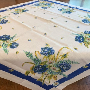 NOS Vintage Tablecloth BLUE ROSES Tulips Pink White Daisies Summer ...