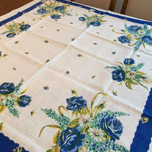NOS Vintage Tablecloth BLUE ROSES Tulips Pink White Daisies Summer ...