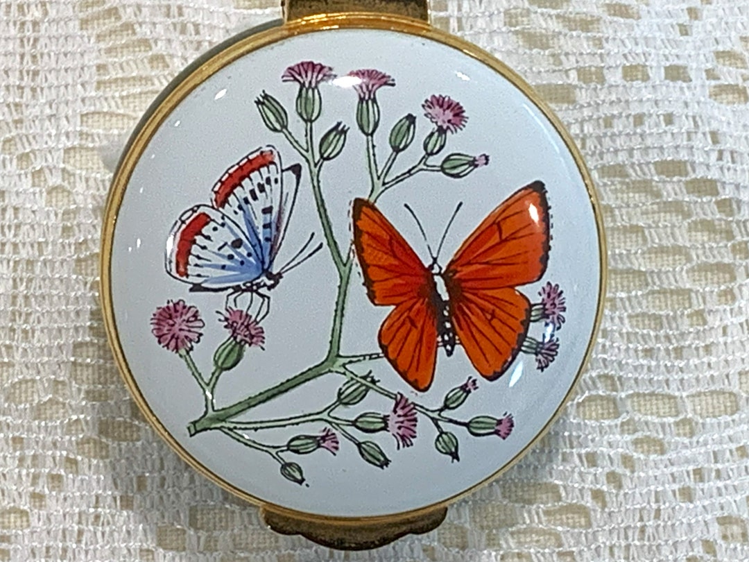 Vintage CRUMMLES BUTTERFLY Jewelry Trinket Pill Box Monarch Orange Thistle Flower Enamel Green ...