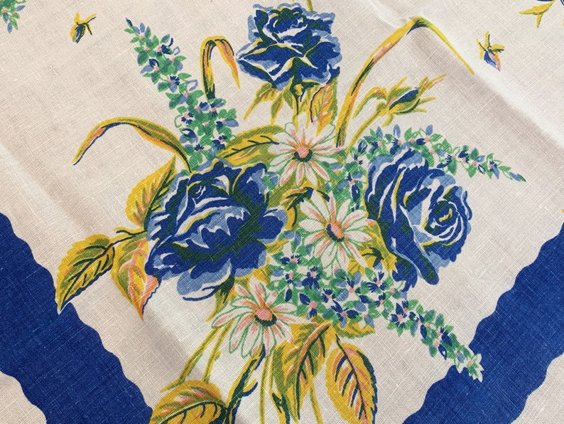 NOS Vintage Tablecloth BLUE ROSES Tulips Pink White Daisies Summer ...