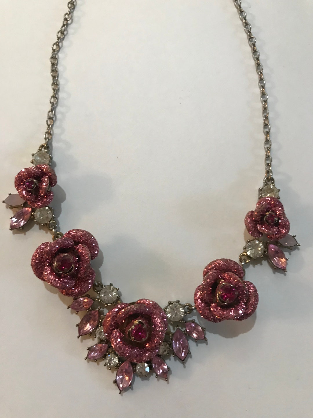 Pink Glitter Roses Flowers Necklace - Etsy