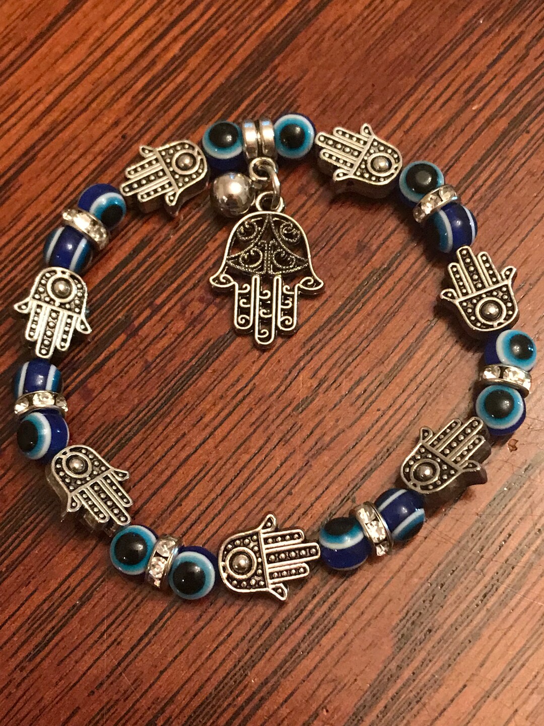Blue Evil Eye and Hamsah Hamsa Hand Beads Stretch Buddha Ohm Hamsa Good ...