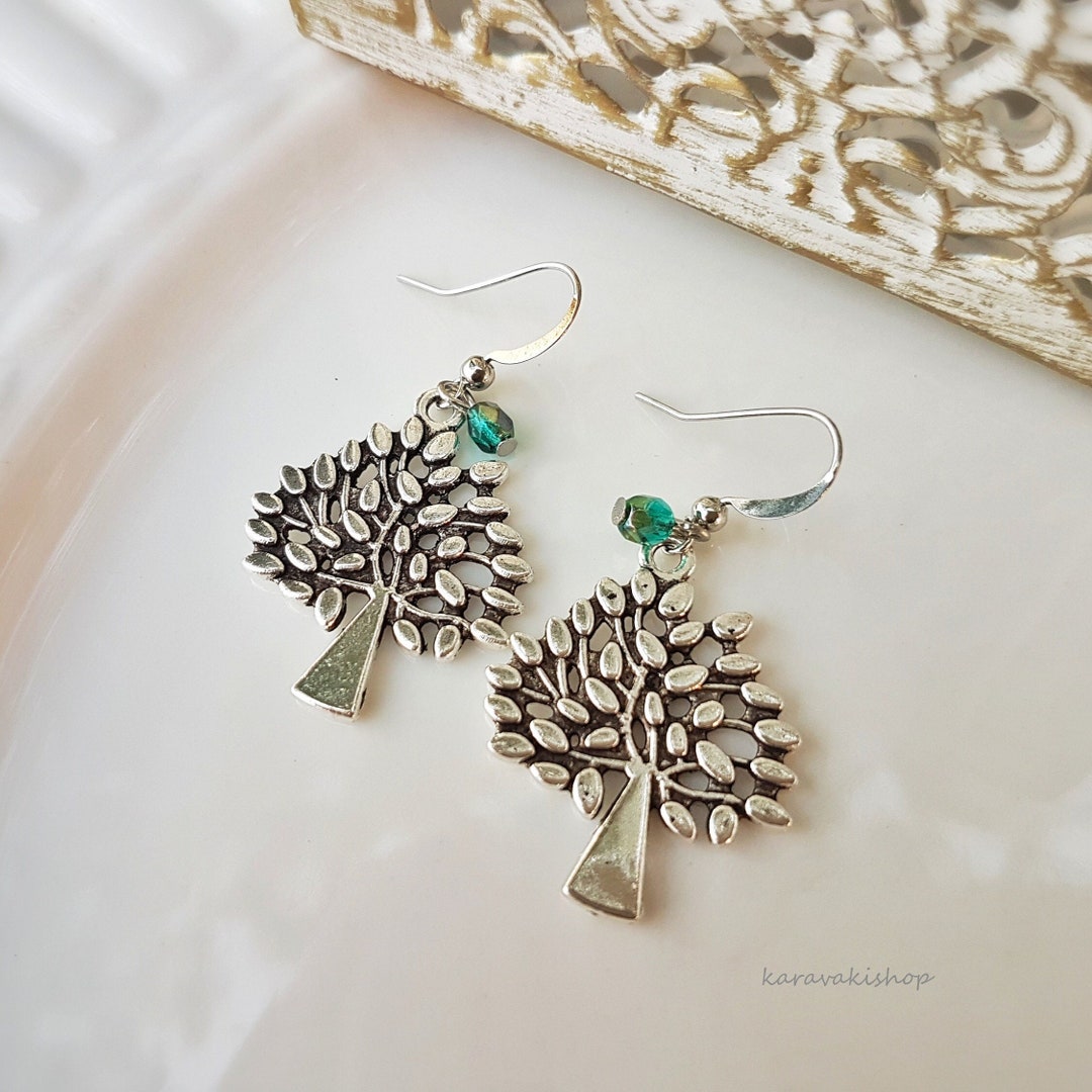 Antique Silver Olive Tree Statement Earrings With Emerald Green Tiny ...
