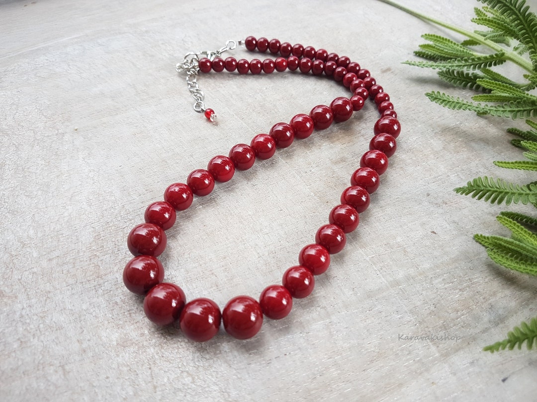 Ruby Red Dark Red Necklace, Graduated Smooth Beaded Necklace, Burgundy ...