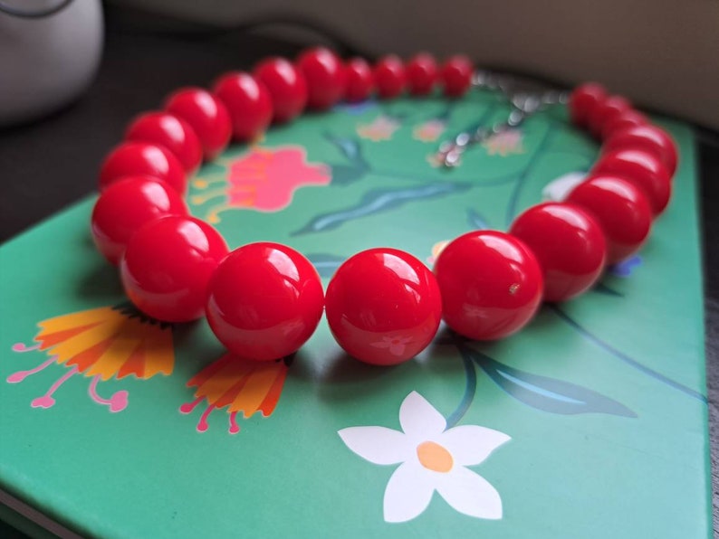 Chunky Bead Statement Red Necklace - Bright Red Necklace -retro ...