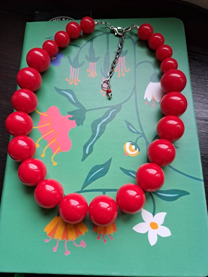 Chunky Big Bright Red Beaded Necklace red Statement Jewelry Retro Red ...