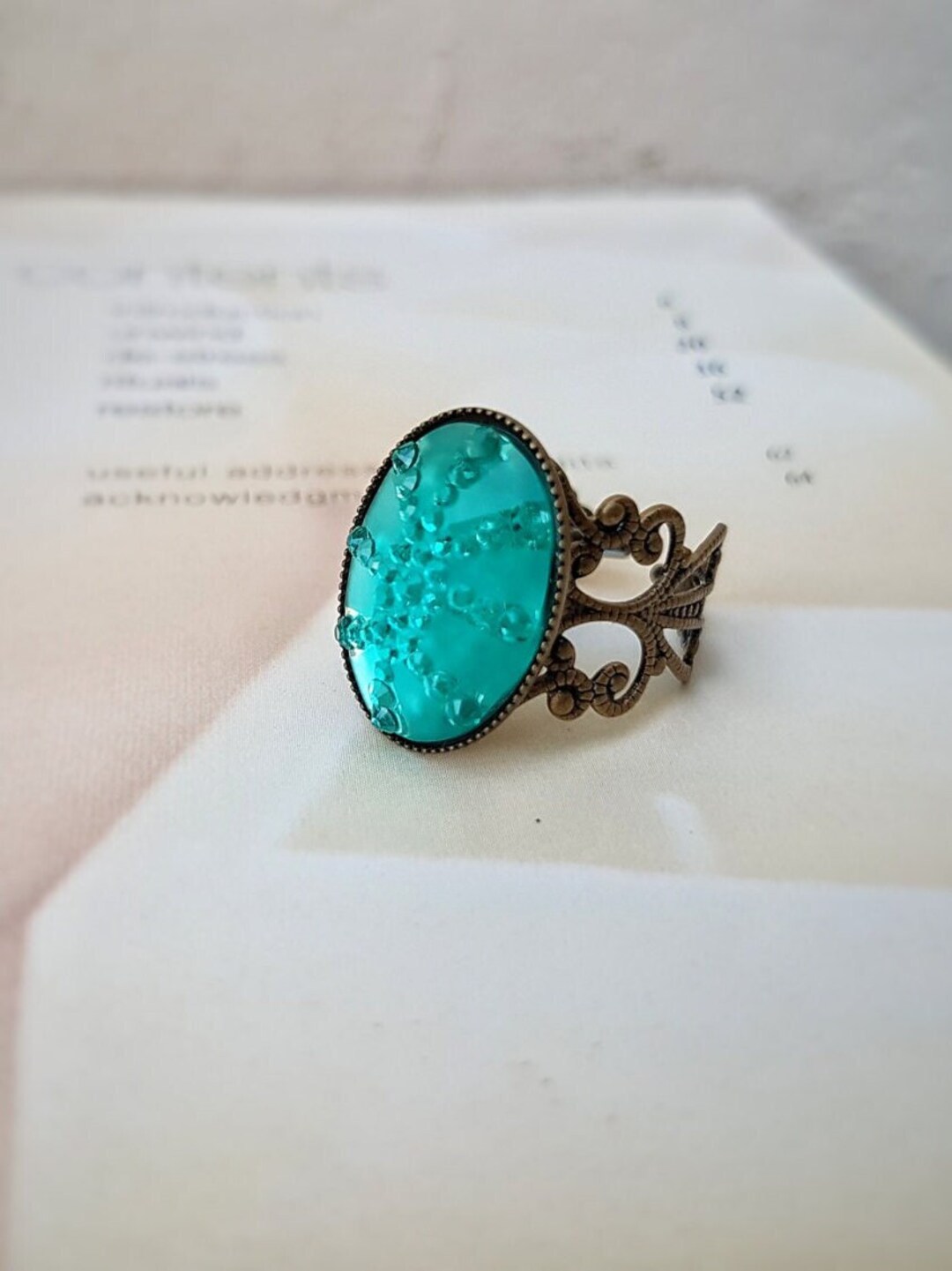 Oval Adjustable Sea Blue Aqua Blue Ring, Filigree Ring - Etsy