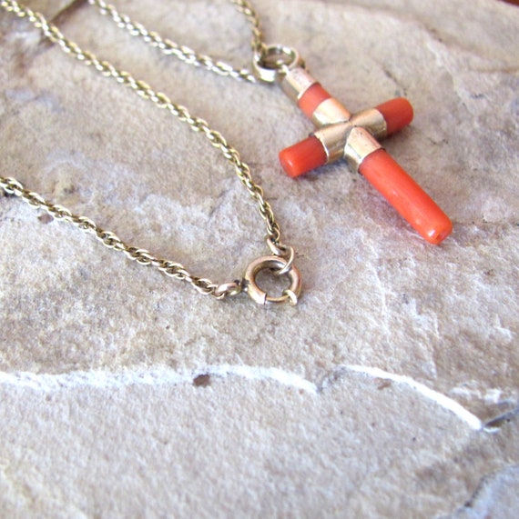 Antique coral cross necklace, vintage cross on gold c… - Gem