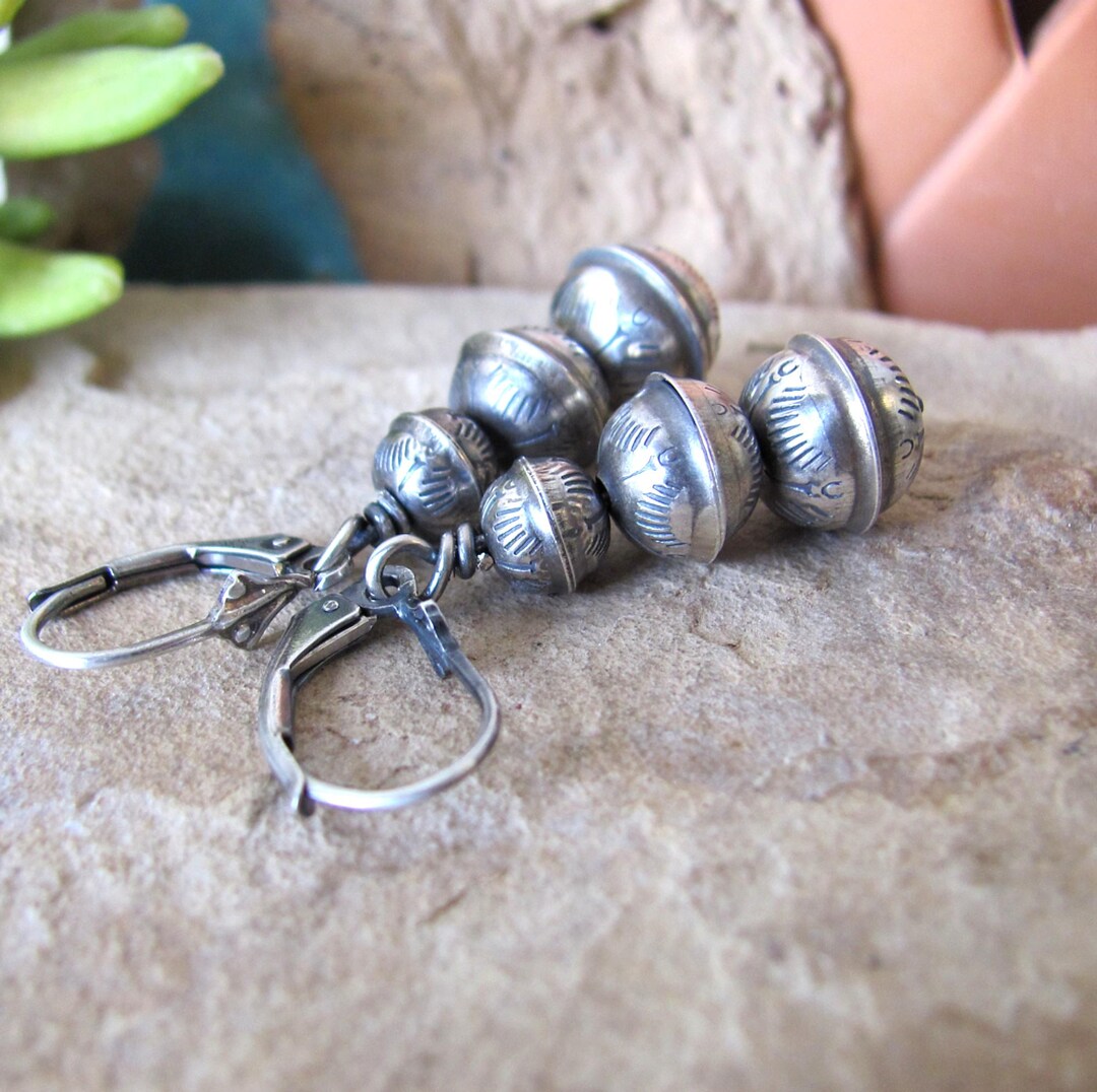 Graduated Navajo Pearl Earrings, 925 Sterling Silver Stamped Bench ...