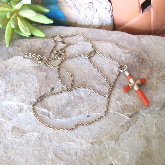 Antique coral cross necklace, vintage cross on gold c… - Gem
