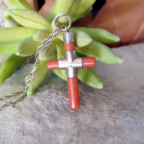 Antique coral cross necklace, vintage cross on gold c… - Gem