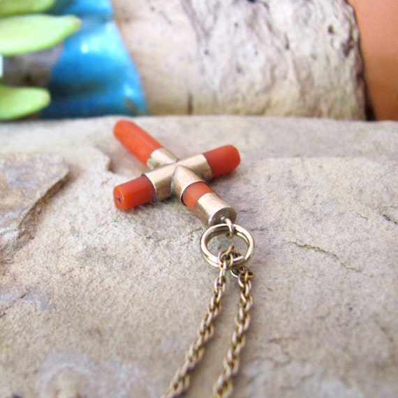 Antique coral cross necklace, vintage cross on gold c… - Gem