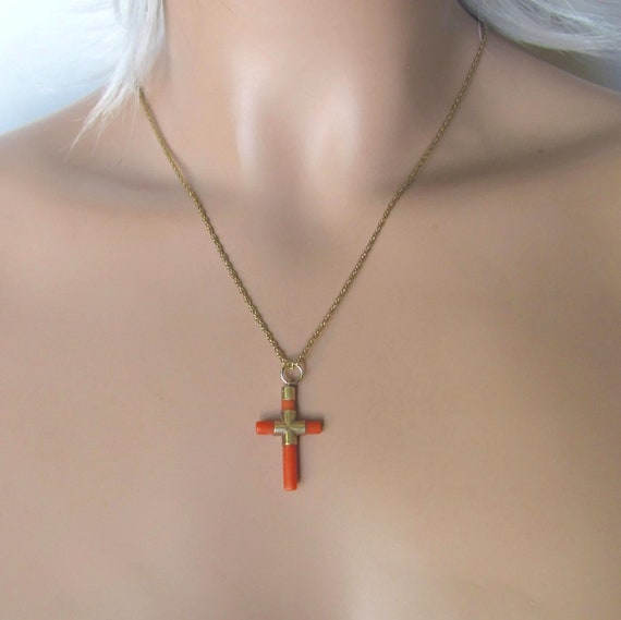 Antique coral cross necklace, vintage cross on gold c… - Gem