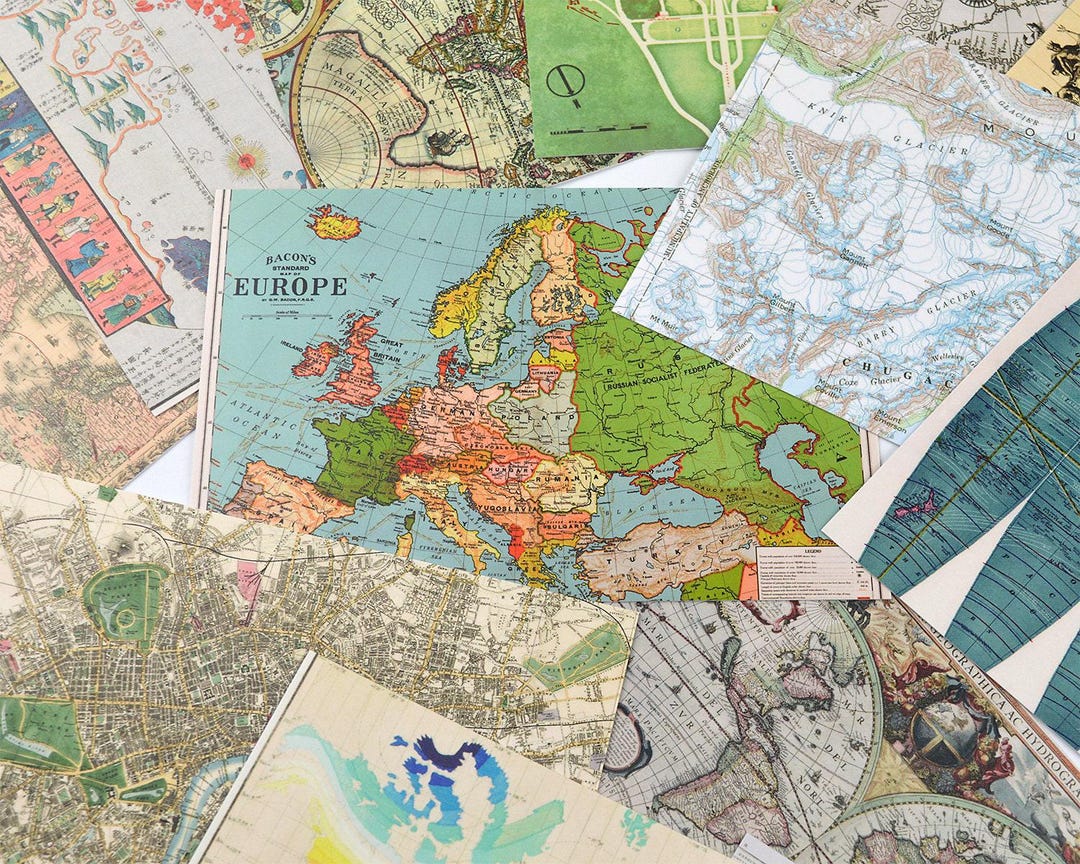 Postcard Set New, 20 Vintage Map Designs, Journal Supplies, Atlas World ...