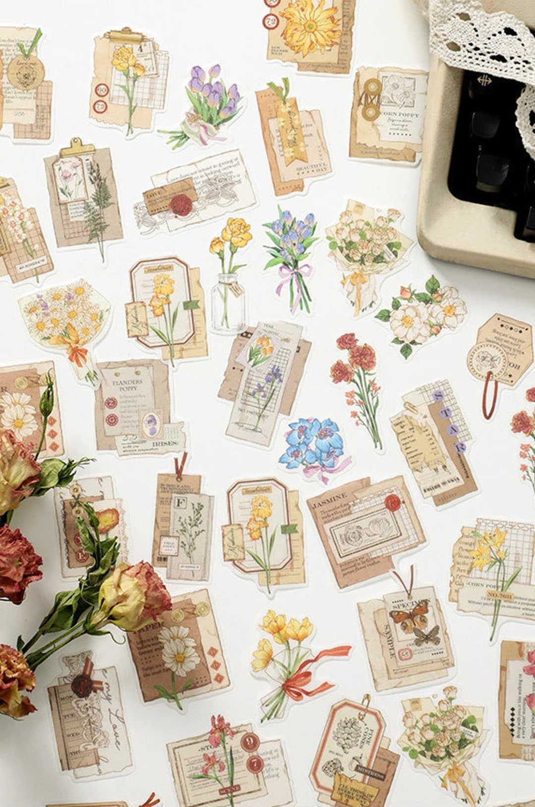 Collage Washi Stickers 30 Pcs, Floral Junk Journal Ephemera, Vintage ...