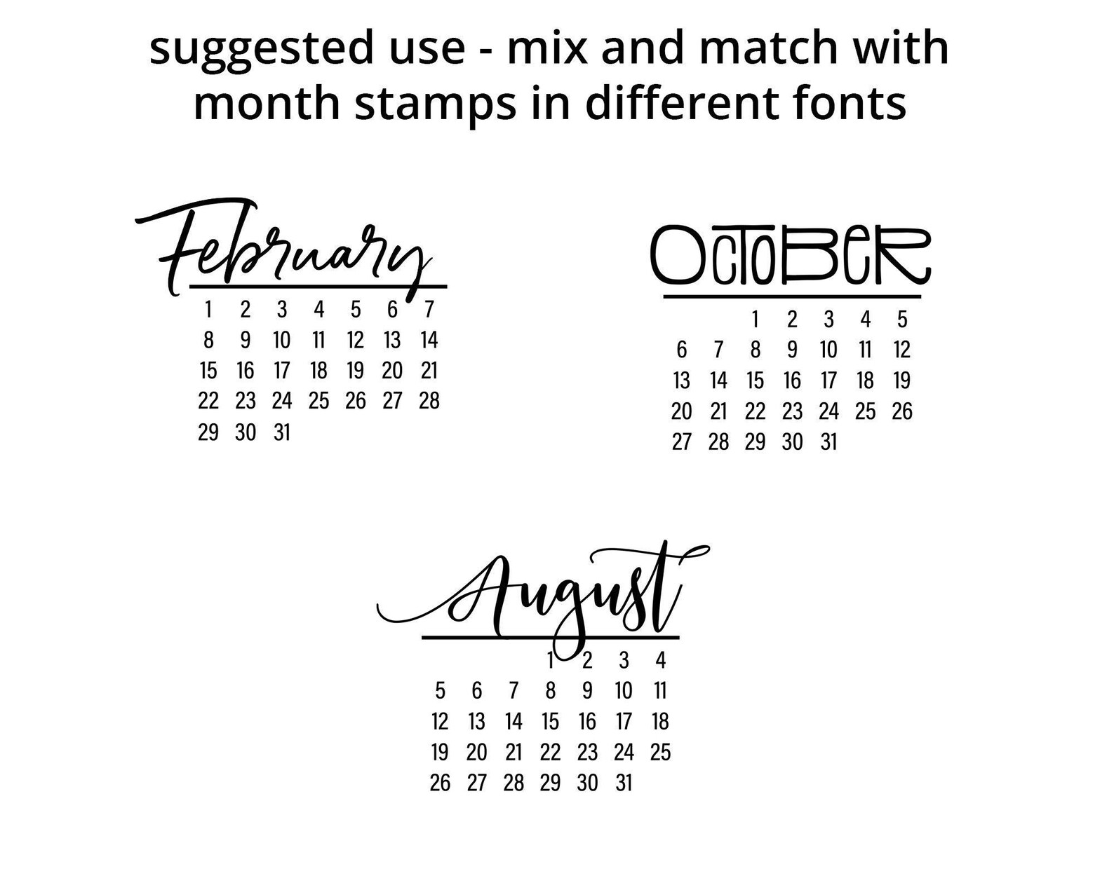 Minimalist Calendar Clear Stamp Set, 4x6in Months Journal Photopolymer ...