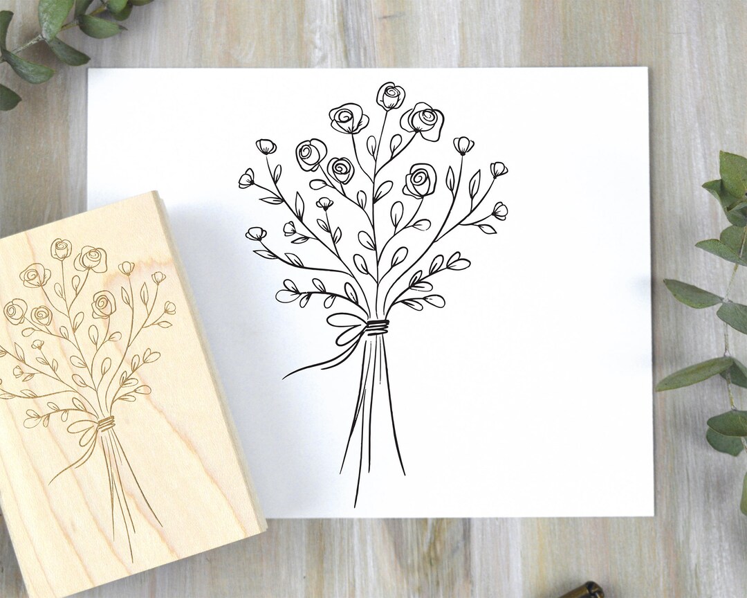 Flower Bouquet Stamp, Hand Drawn Roses Wildflowers Rubber Stamp ...
