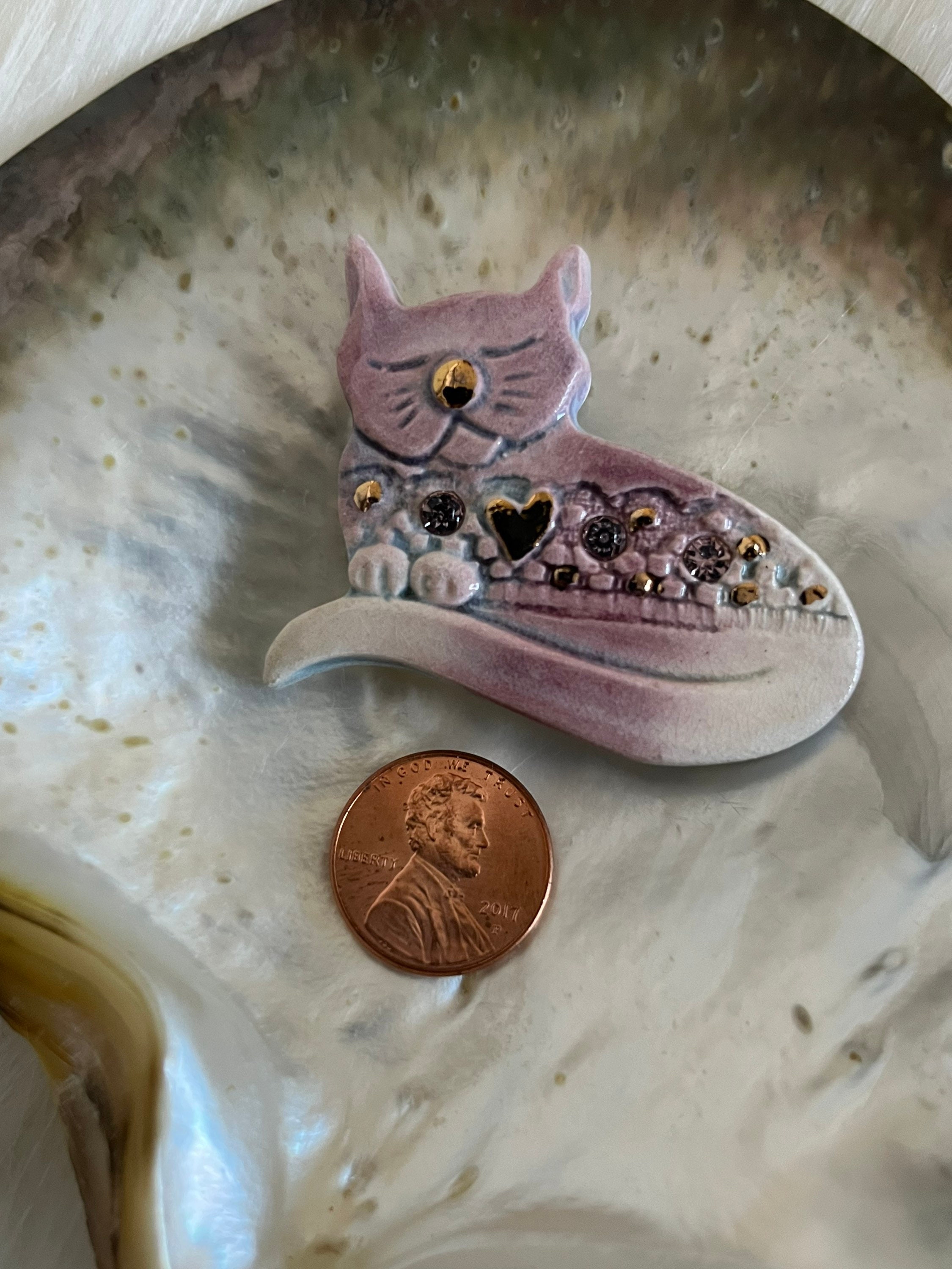 Vintage Fine Handcrafted Porcelain Rhinestone Pink Cat Pin - Etsy