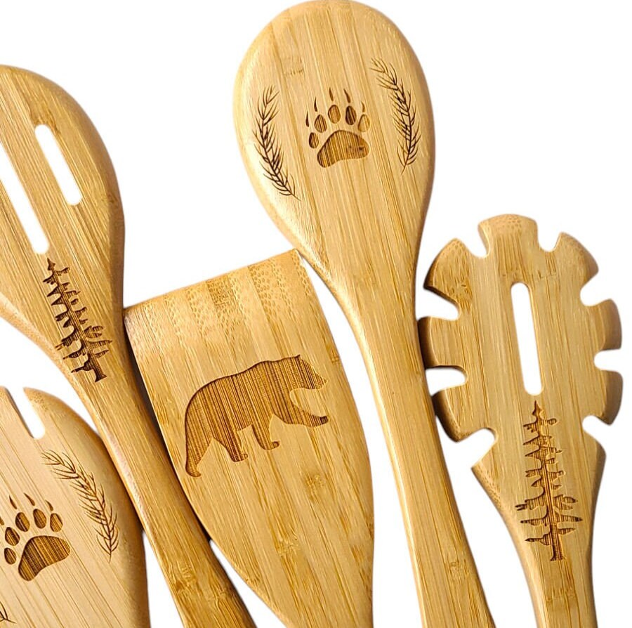 6 Piece Bamboo Cooking Utensils Bear Themed Kitchen Utensils Laser ...