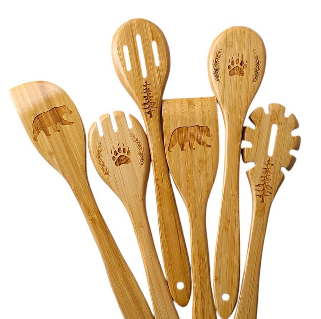 6 Piece Bamboo Cooking Utensils Bear Themed Kitchen Utensils Laser ...