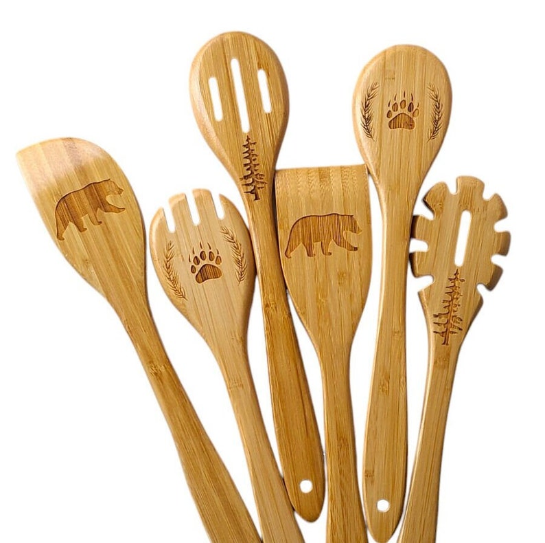 6 Piece Bamboo Cooking Utensils Bear Themed Kitchen Utensils Laser ...