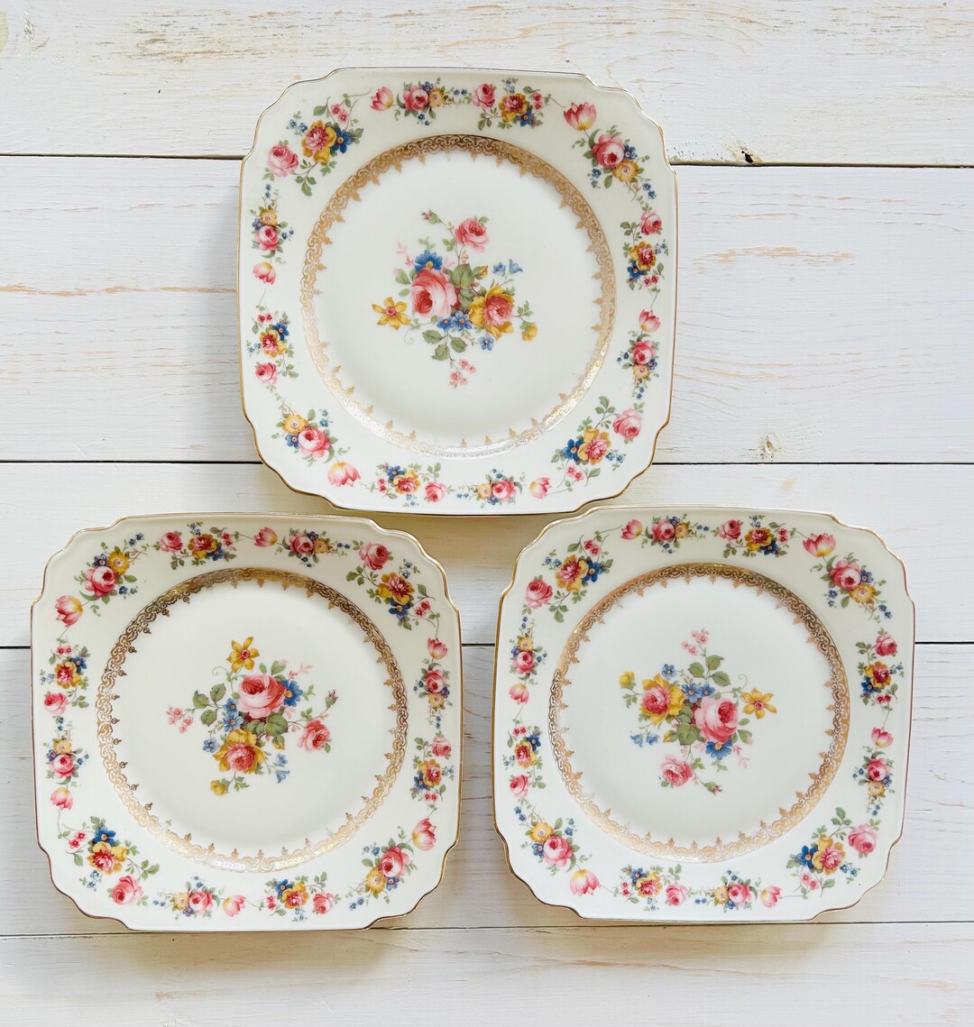 Antique Set of 3 Gorgeous Pink Rose and Floral Square Lunch Plates by ...