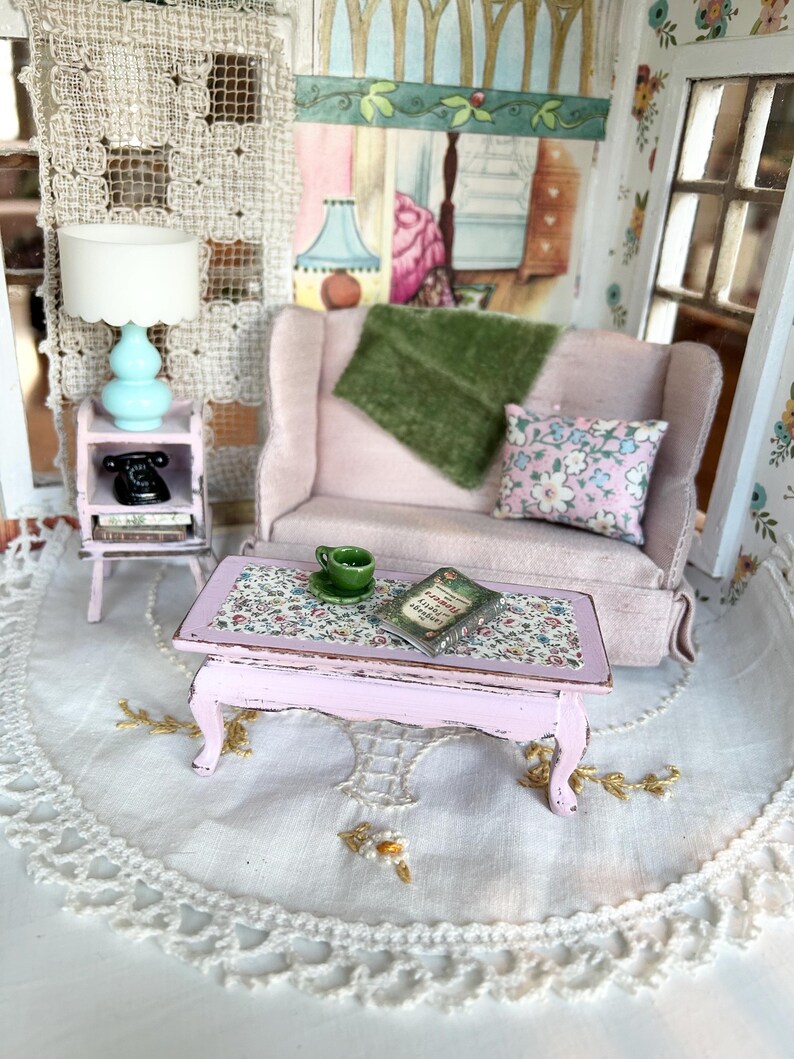 Vintage 3 Pc Set of Miniature Pink Silk Dollhouse Furniture Including ...