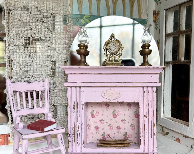Vintage Pink Miniature Fireplace Mantel With Mirror and Chair for 1:12 ...