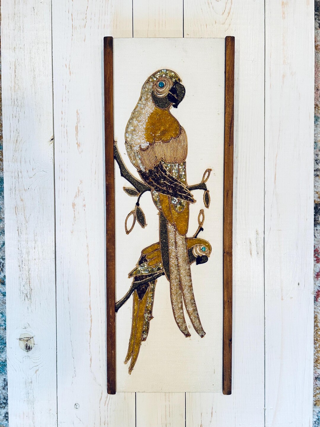 Mid-century Gold & Turquoise Pebble Art Parrots 1960's Wall Hanging ...