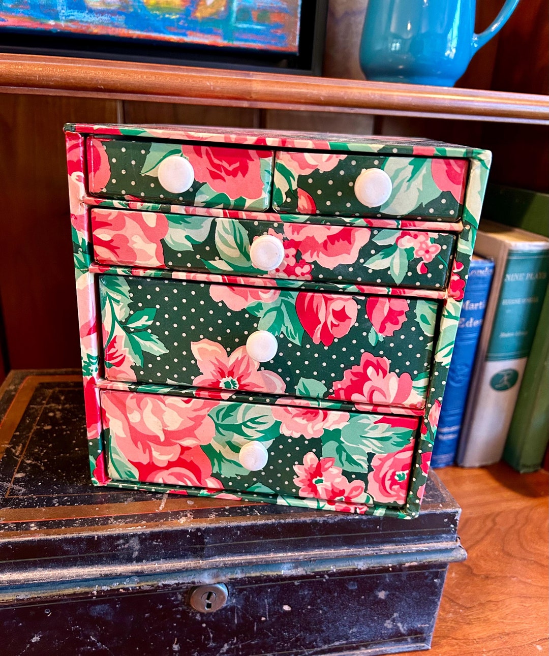 Vintage Red and Pink Roses With Green Polka Dots Cardboard Chest of ...