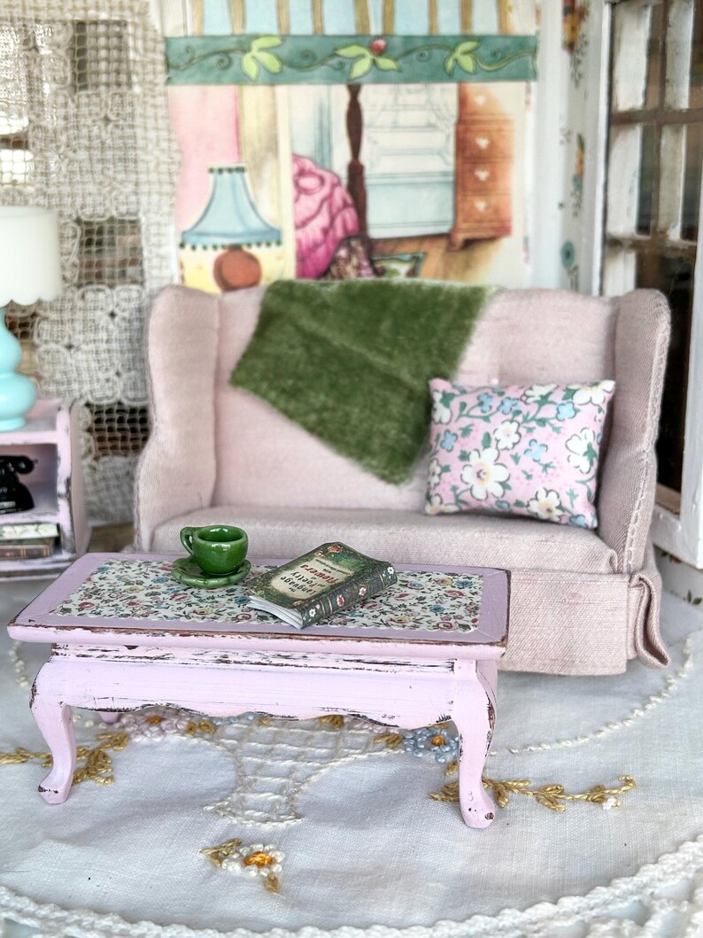 Vintage 3 Pc Set of Miniature Pink Silk Dollhouse Furniture Including ...