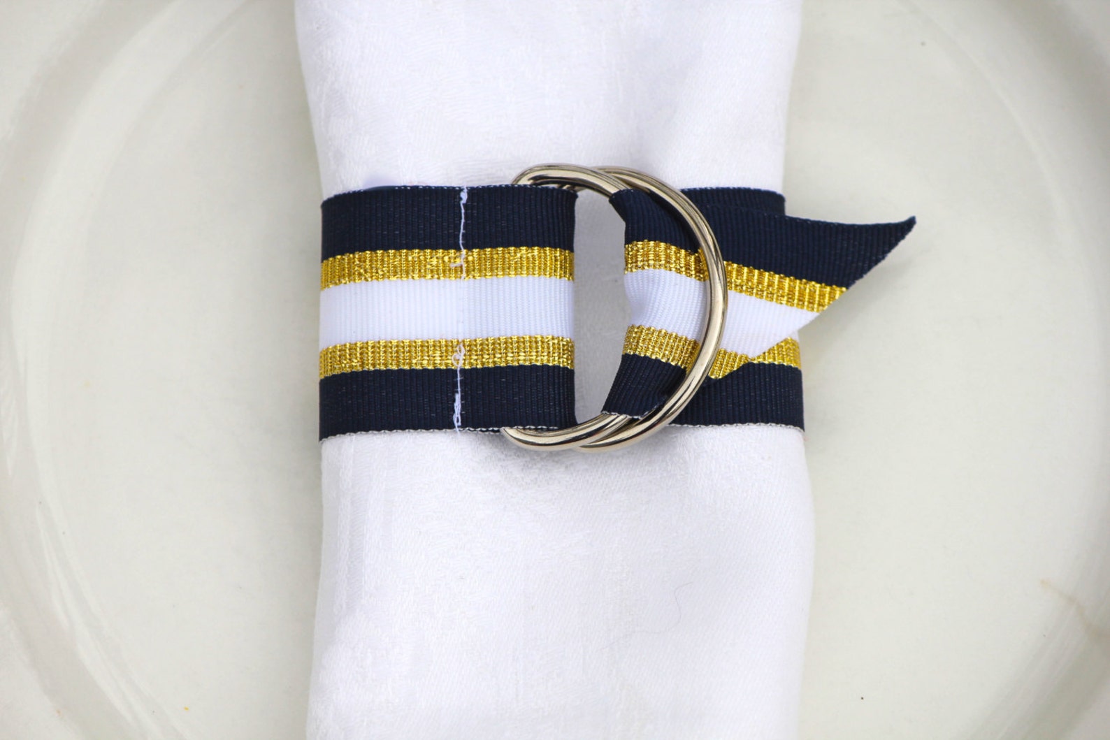 A Set of 6 Navy Blue, Gold and White D-ring Napkin Rings by Valmichaels ...