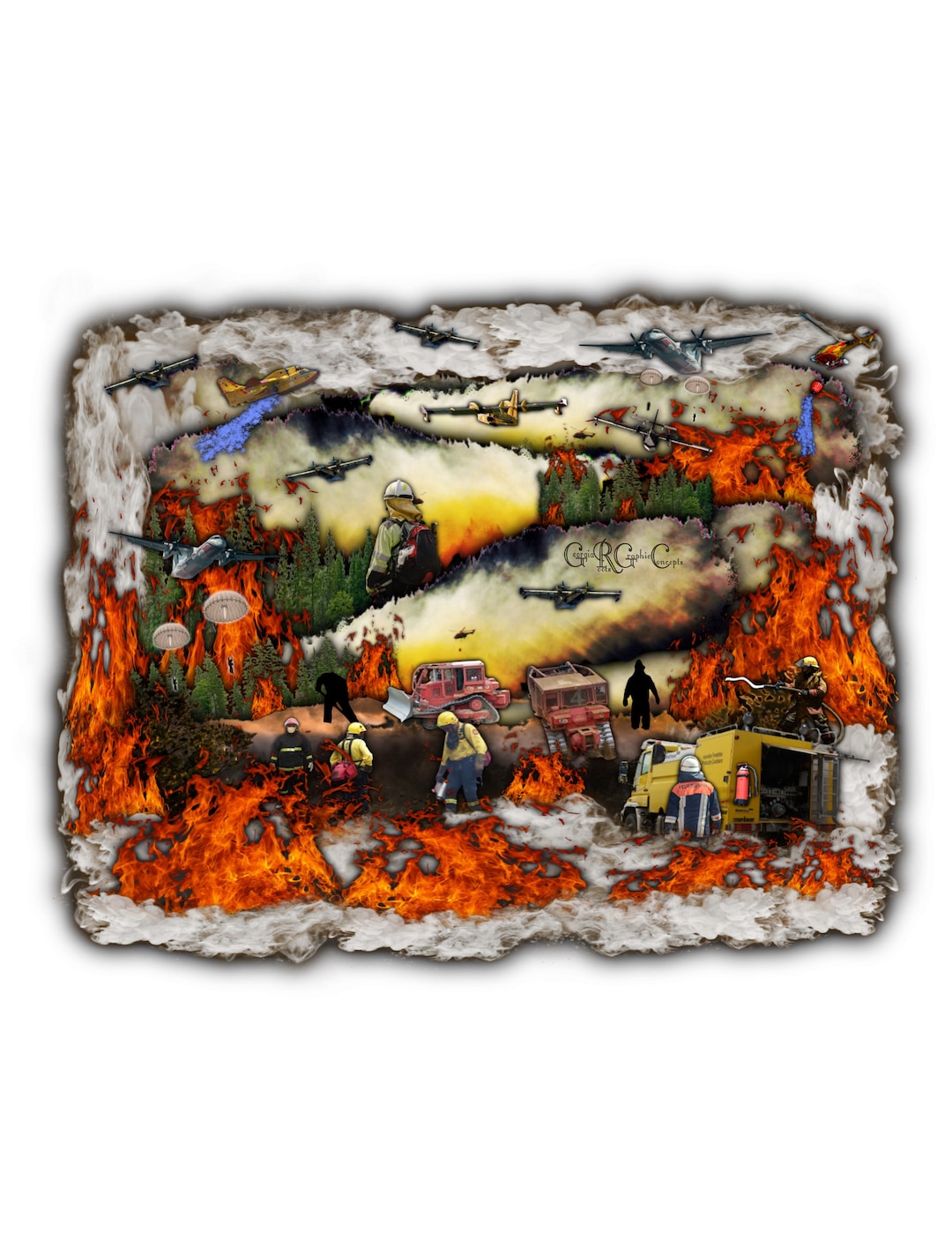 Abstract Firefighter Fire Wielding Collage Print: Wild Fire Rescue ...