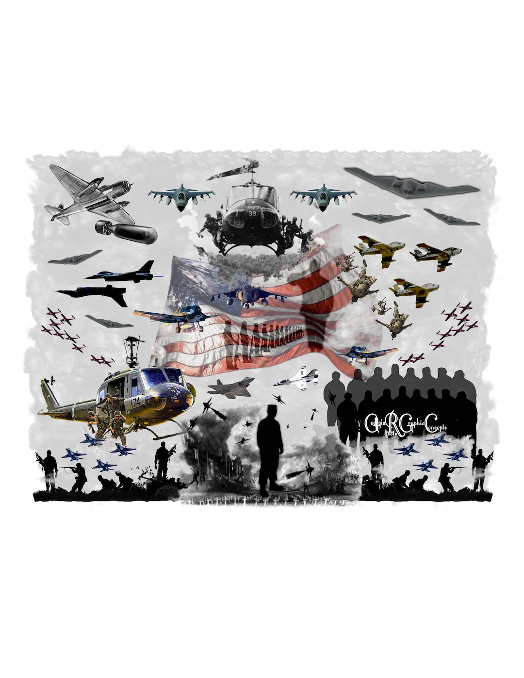 Abstract US Patriotic Flag Military Airforce War Planes Helicopters ...