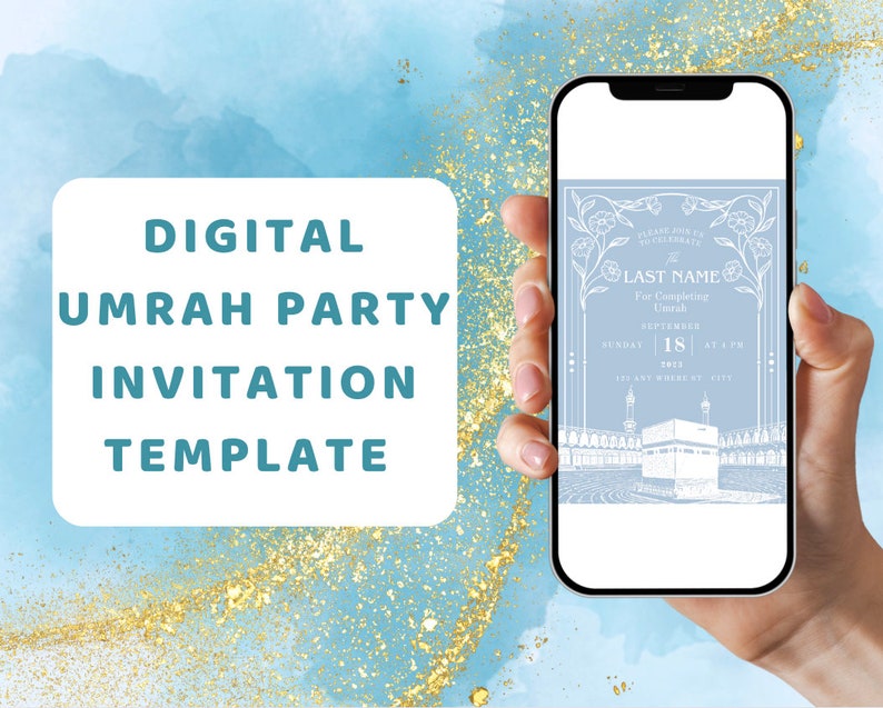 Floral Umrah Celebration Invitation: Customizable Blue Design (digital ...