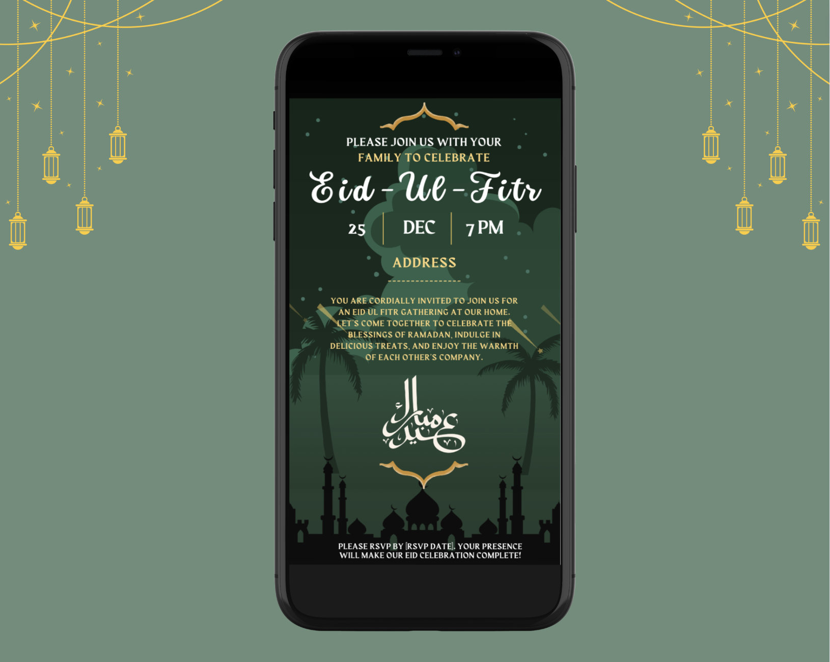 Eid Digital Invitation Template, Customizable, Emerald, Elegant W ...