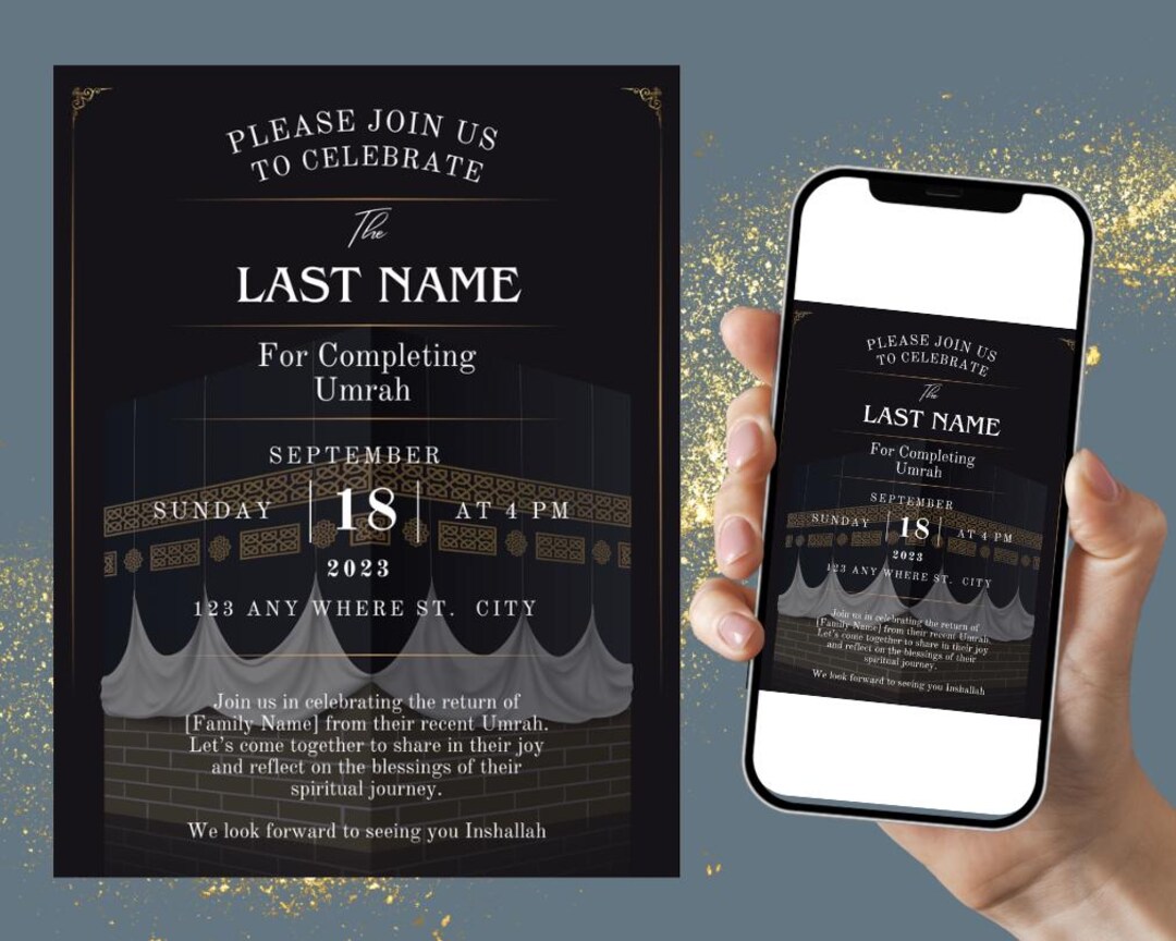 Elegant Umrah Invitation: Gold & Black Kaaba Design (customizable ...