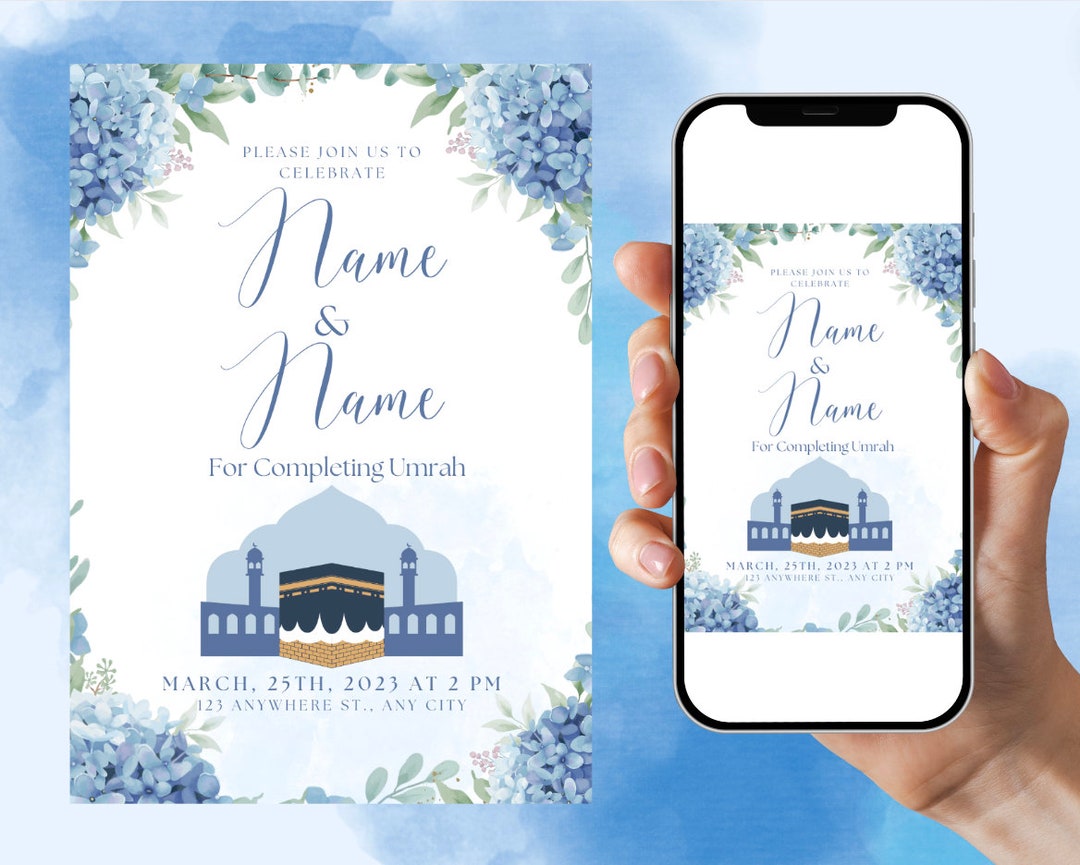 Umrah Party Invitation: Customizable Digital Download (canva), Blue ...