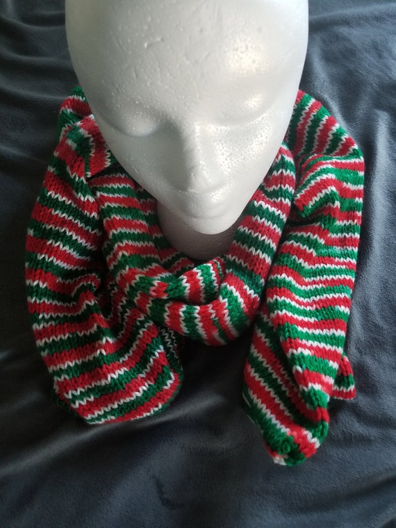 Hand Knit Red Green and White Scarf | Etsy