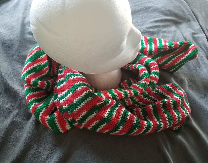 Hand Knit Red Green and White Scarf - Etsy
